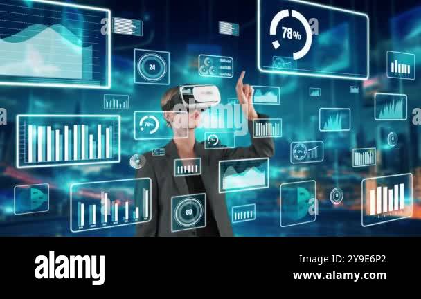 Woman selecting big data dynamic market percentage analysis graph by VR future global innovation ...