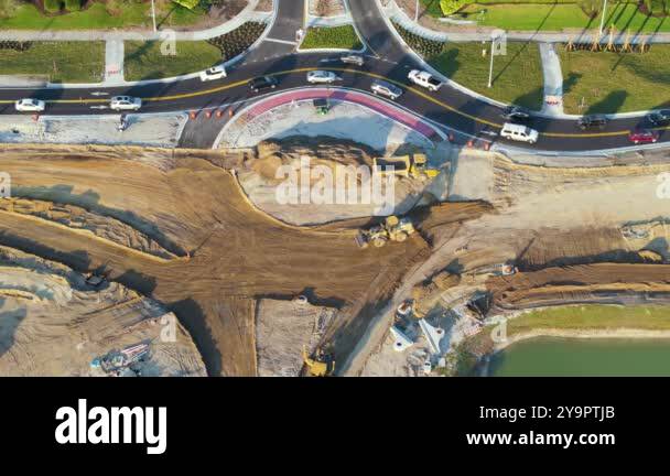 Industrial roadworks. Roundabout on wide American highway under ...