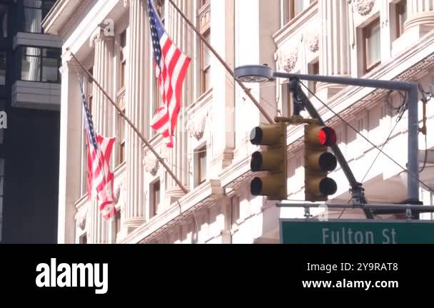 New York City crossroad, Fulton street intersection road sign ...