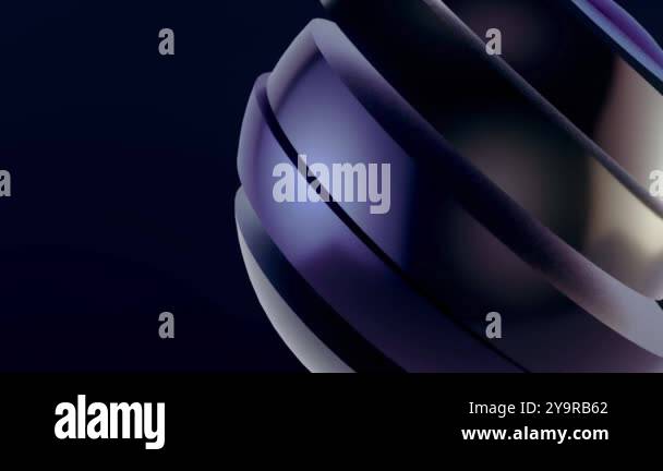 Three-dimensional digital animation featuring a multi-layered shiny dark sphere. The smooth ...