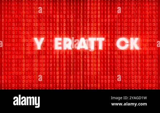 Cyber Attack, flickering white illuminated text, binary code, lines and stripes on the red ...