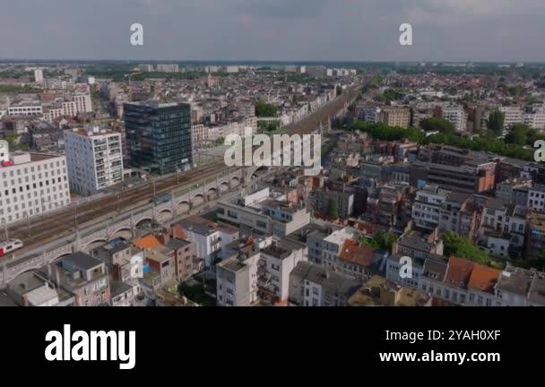 Aerial view of a dense urban area in Antwerp, Belgium, with many ...