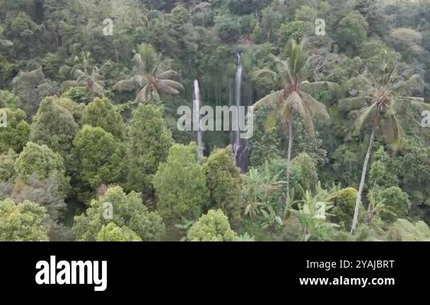 Drone shoot. Waterfall hidden in tropical rainforest jungle, falling ...
