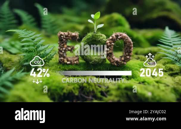 Eco Text on Green Moss Background.Net Zero 2050.CO2 reduce.Green energy ...