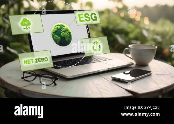 ESG environmental social governance investment business concept. Computer with ESG data. icons ...