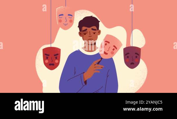 Man hiding behind social mask. Moving banner with sad crying man hiding ...