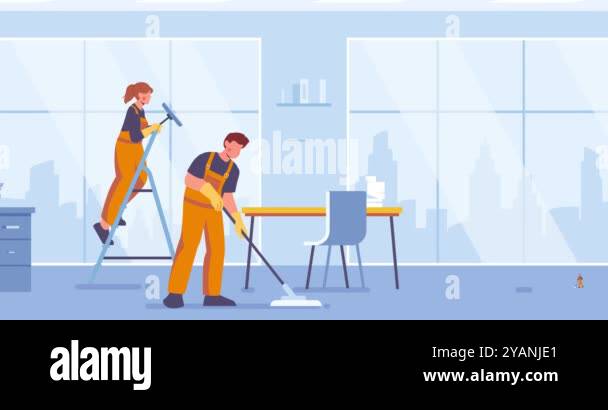 Cleaning workers. Moving banner with male and female cleaning service ...