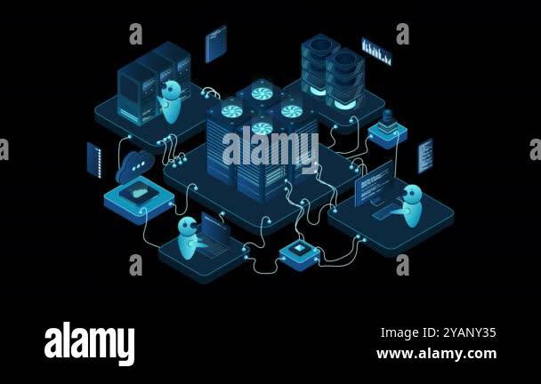 Isometric data center or server room animation. Data center connection ...