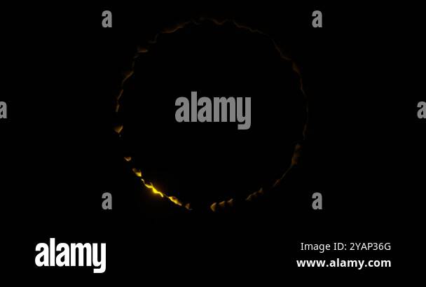 Round curved distorted frame with gold beam. Glowing geometric blank ...