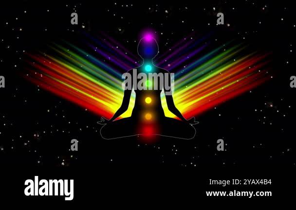 female shape sits in meditation, endless energy patterns: 3D animation ...