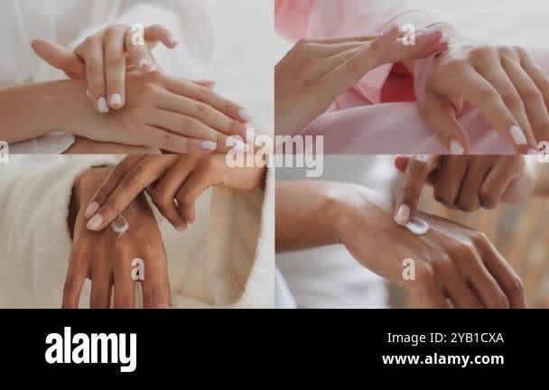 In a serene spa environment, multiple pairs of hands are shown ...