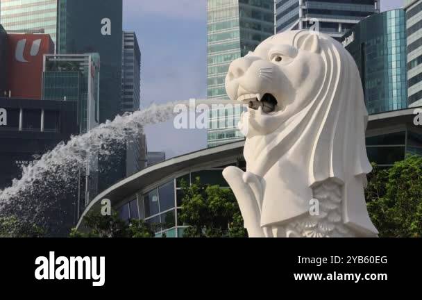 Singapore- 4 Oct 2024: Singapore Merlion statue. Merlion Fountain is ...