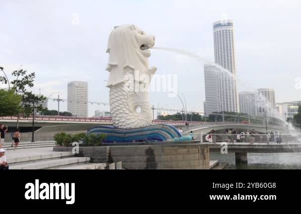 Singapore- 4 Oct 2024: Singapore Merlion statue. Merlion Fountain is ...