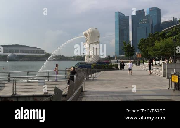 Singapore- 4 Oct 2024: Singapore Merlion statue. Merlion Fountain is ...