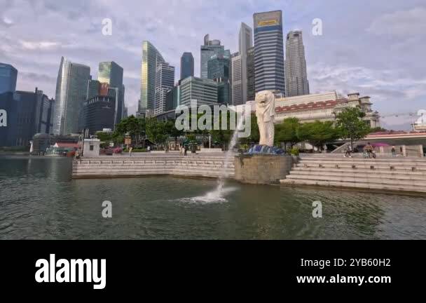 Singapore- 4 Oct 2024: Singapore Merlion statue. Merlion Fountain is ...