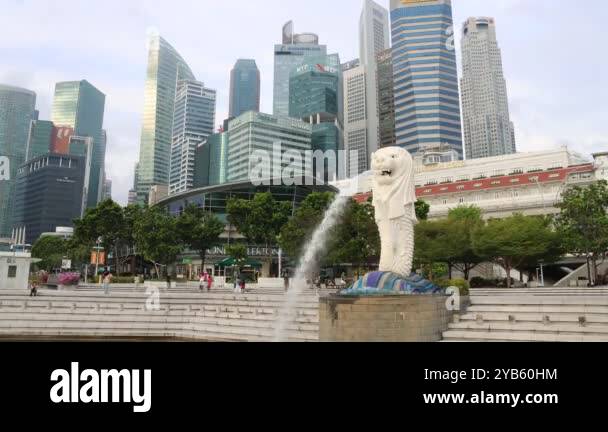 Singapore- 4 Oct 2024: Singapore Merlion statue. Merlion Fountain is ...