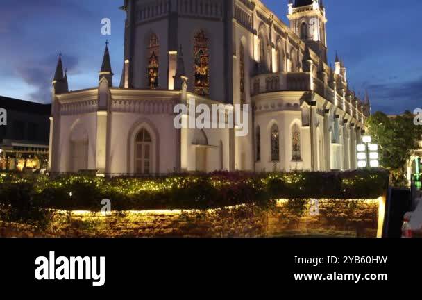 Singapore- 8 Oct 2024: Night view of Chijmes Church in the central area ...