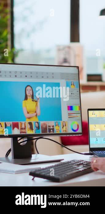 Vertical Video Asian graphic designer uses editing software for photo ...