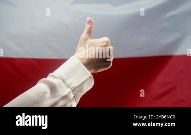 Woman Makes Hand Sign Like, Thumb Up Gesture on polish flag background ...