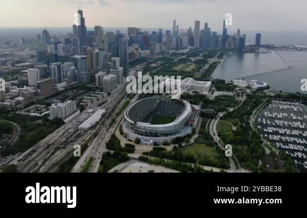 An aerial view of Soldier Field showcases its iconic oval shape ...