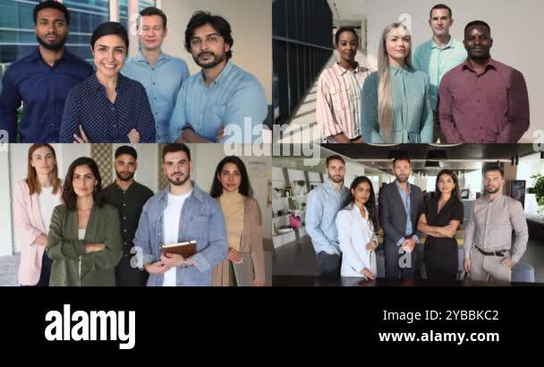 Successful team members smile posing together for camera in office ...