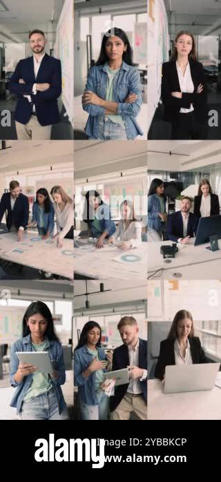 Vertical collage view workflow of diverse teammates posing at workplace ...
