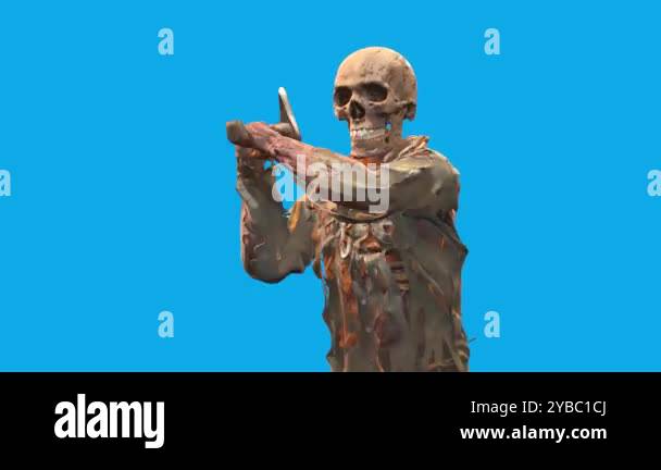 Killer Skeleton Monster Strikes with Axe Attacks Blue Screen Horror ...