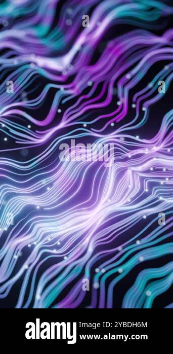 3D animation of vibrant, flowing lines with glowing particles, creating ...