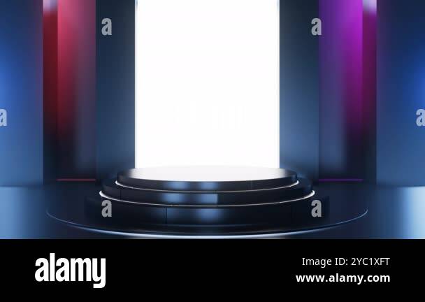 Black room space with rotating round pedestal, exhibition podium or ...