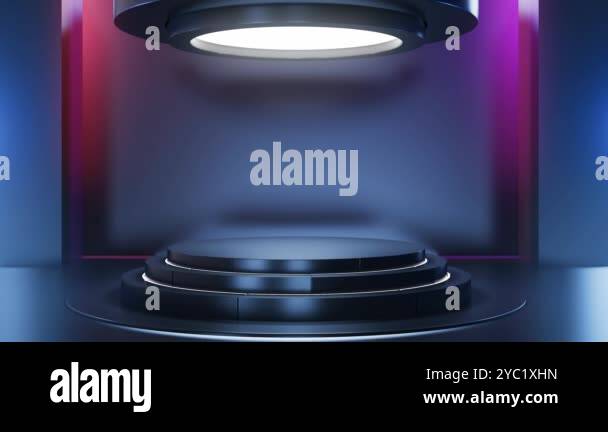 Black room space with rotating round pedestal, exhibition podium or ...