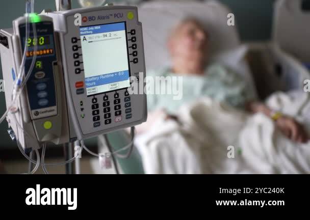 Columbia, MD, USA - 09 18 2024: A close-up of an IV pump with a digital ...