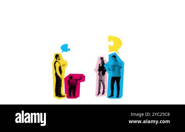 Stop motion. Animation. Workers in vibrant color blocks interacting ...