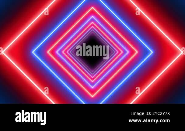 Abstract neon background, flying forward through rectangular corridor, long tunnel, appearing ...