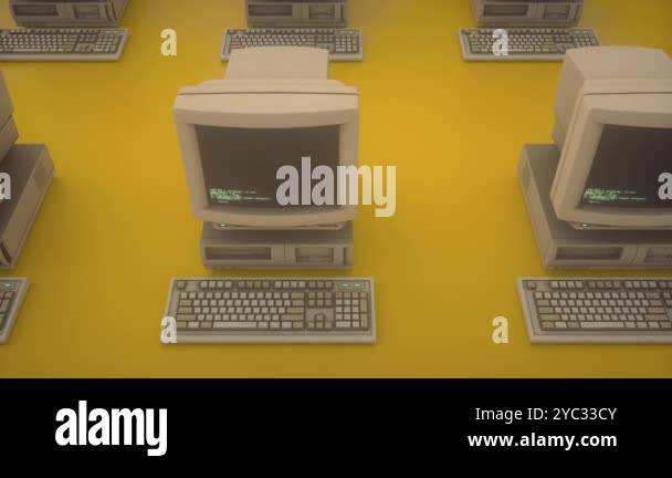 Retro personal computer or PC with keyboard in dynamic motion. Abstract ...