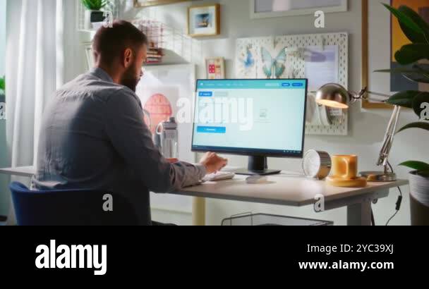 Adult man types prompt in AI image generator on PC. Artificial ...