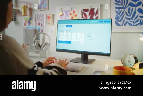 Back view of girl typing prompt in artificial intelligence chatbot on ...