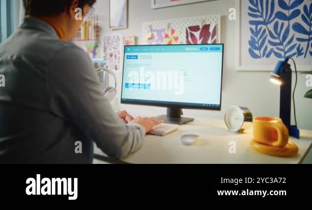 Dolly shot of man typing prompt in AI image generator on computer. PC ...