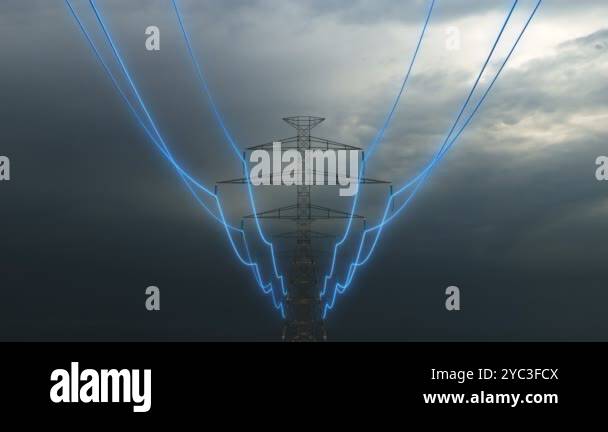 3d Animation of a high-voltage transmission tower that transport ...