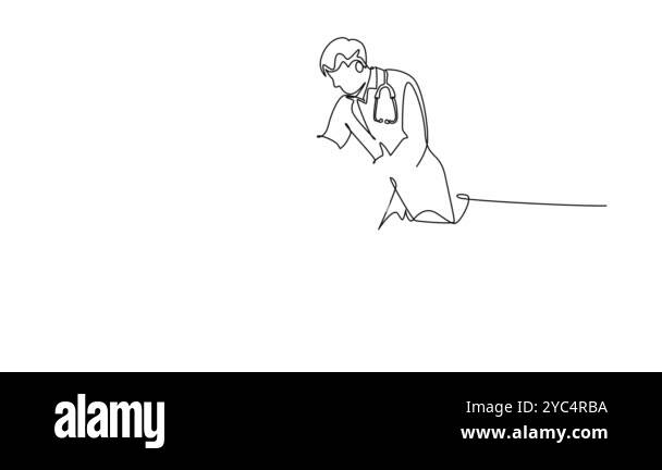 Self drawing animation of single line draw of helpful male doctor and ...