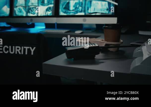 Close-up arc no people shot of CCTV surveillance screens, portable ...