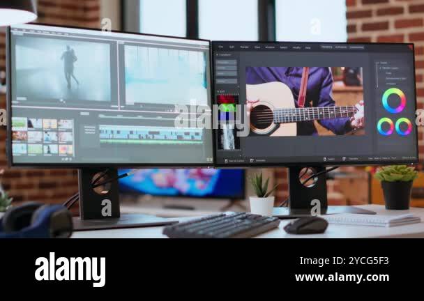 Empty video editing tools and a color wheel running on pc at desk ...