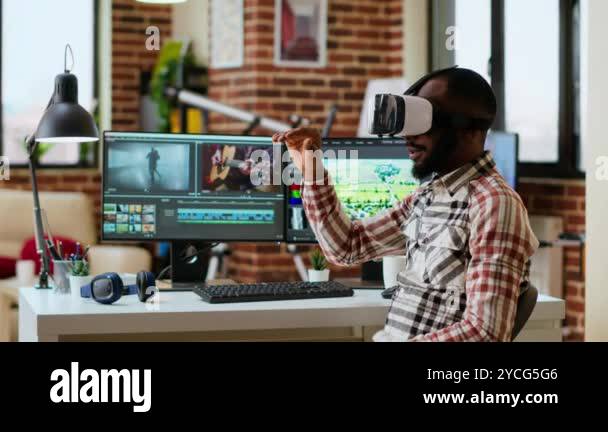 African american editor uses virtual reality glasses to do color ...