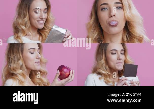 A young woman interacts with different snacks, smiling and expressing ...