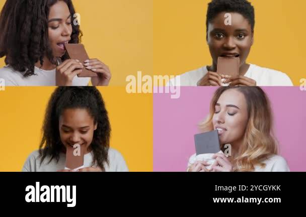 Four women express joy while tasting chocolate bars, each in a distinct ... Four women express joy while tasting chocolate bars, each in a distinct ...
