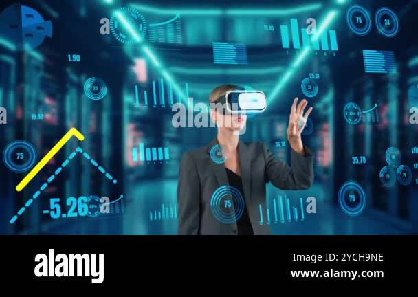 Woman searching dynamic data using hand sliding graph analysis by VR of future global innovation ...