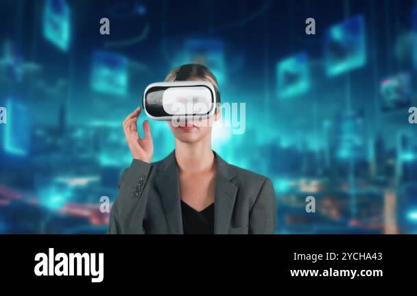 Woman pressing start opening VR of analyzed business world finance big data uploading turn ...