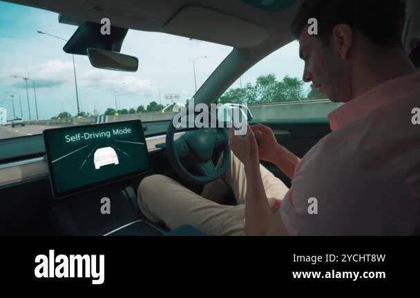 Self driving car or autonomous vehicle travel on speed highway with ...