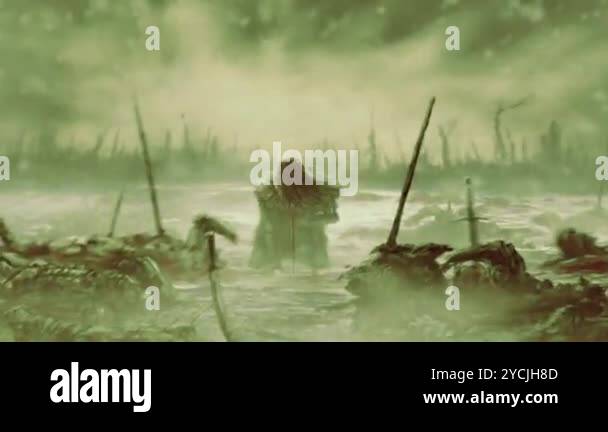 Wounded warrior girl rises from ground against background of defeated ...