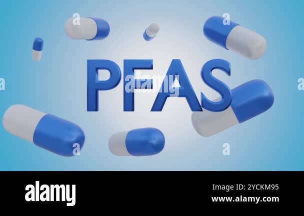 3d animation of capsule pill with the letters "PFAS". Perfluorooctane ...