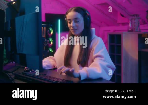 Smiling happy Caucasian woman girl female teenager lady streamer gamer ...